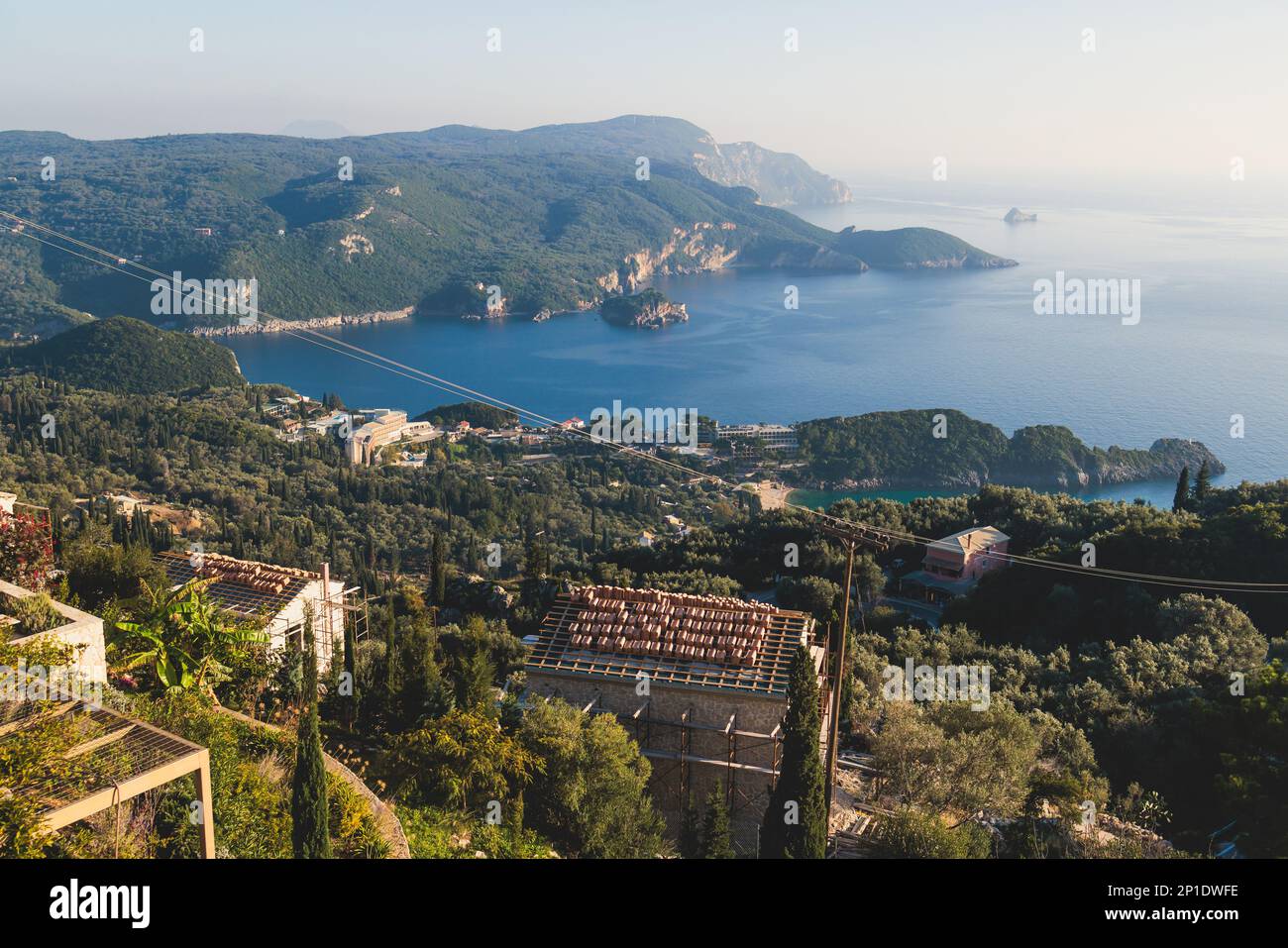 Beautiful view of Lakones streets and houses, traditional greek village ...
