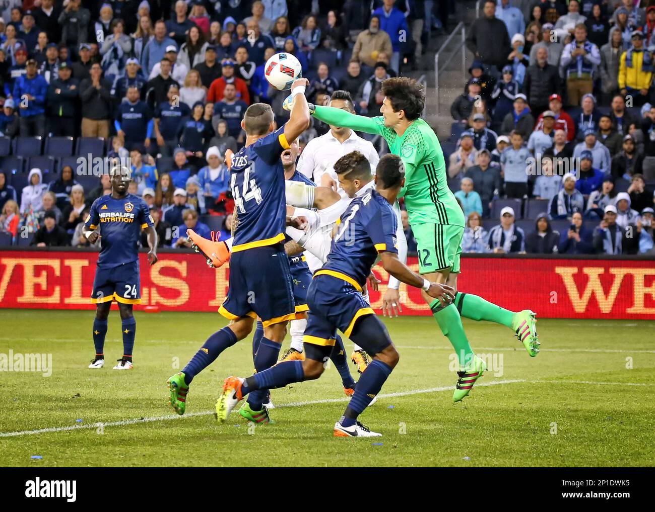 1 May 2016: Los Angeles Galaxy goalkeeper Brian Rowe (12) goes over a ...