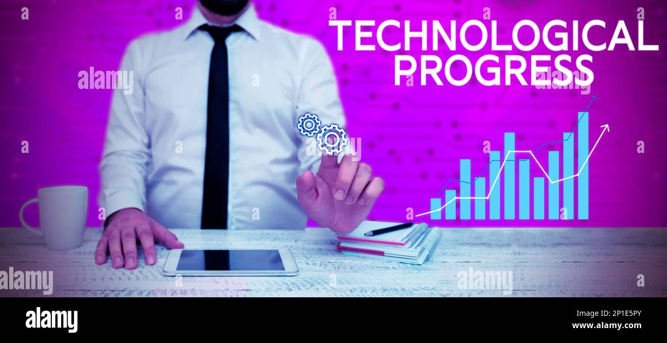 Hand writing sign Technological Progress. Word for overall Process of ...