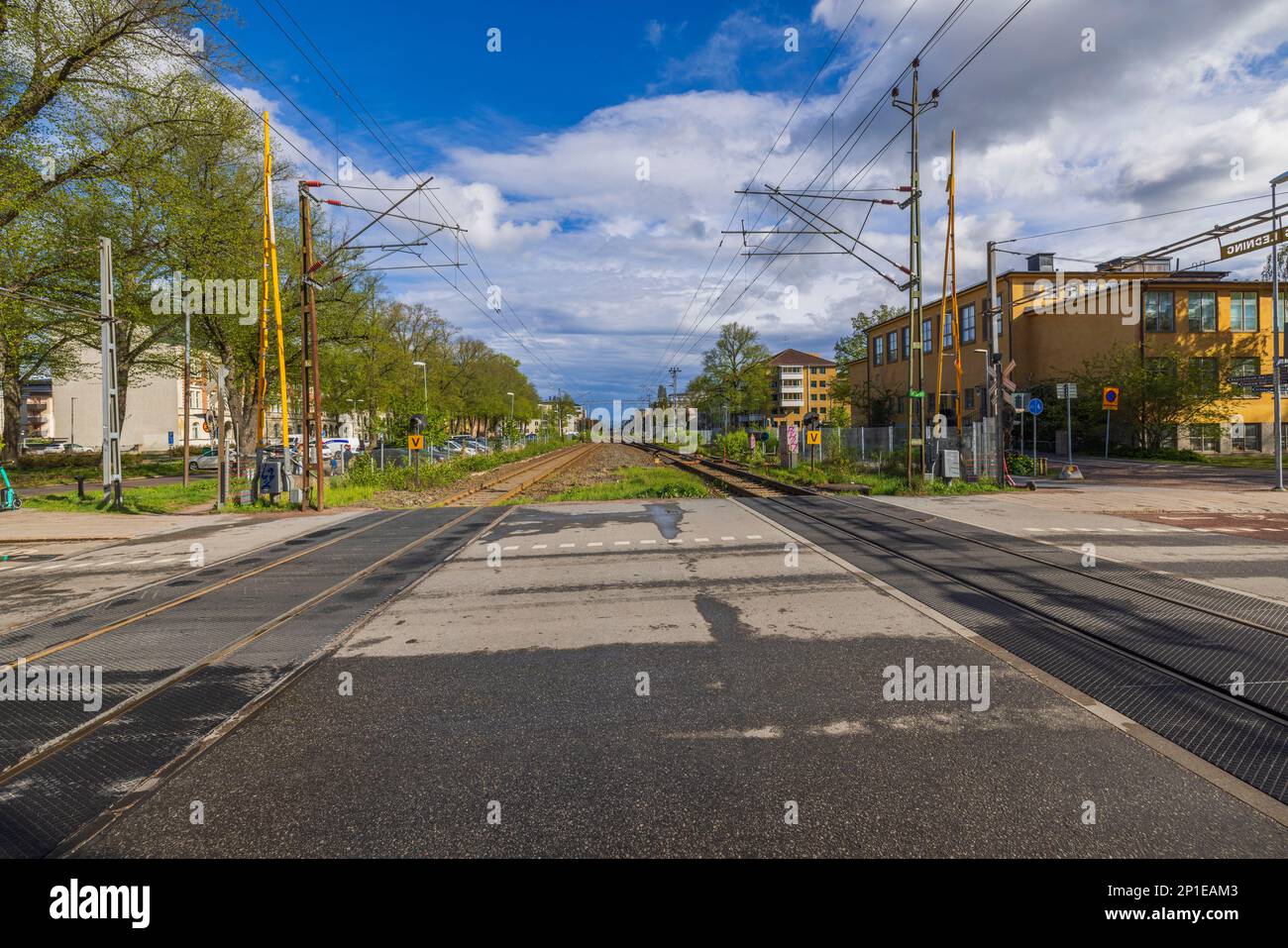 Beautiful view of crossroads of railway crossing with automatic open ...