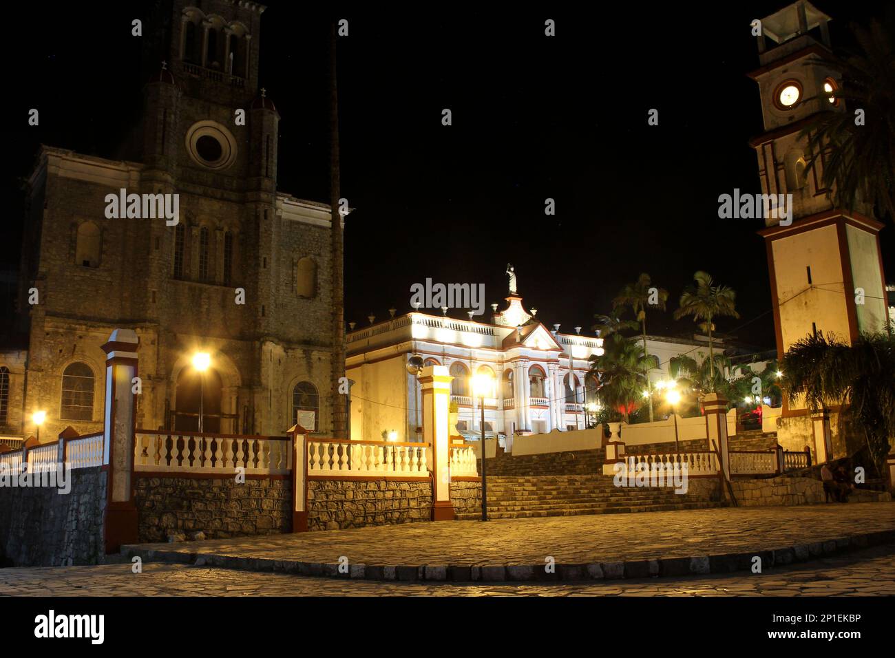 Night photography center of the magical town Cuetzalan Pueblo with view ...