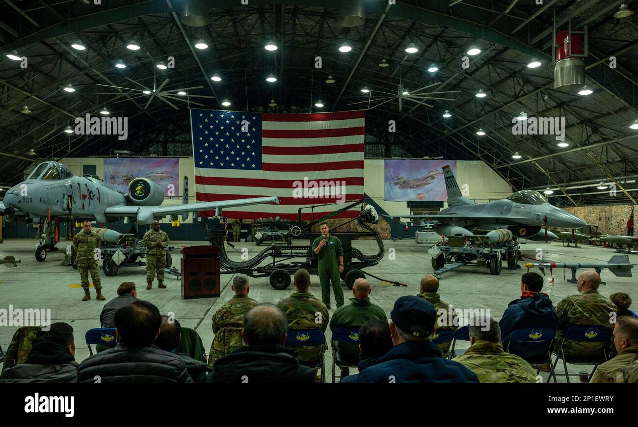 U.S. Air Force Col. Joshua Wood, 51st Fighter Wing commander, shares a ...