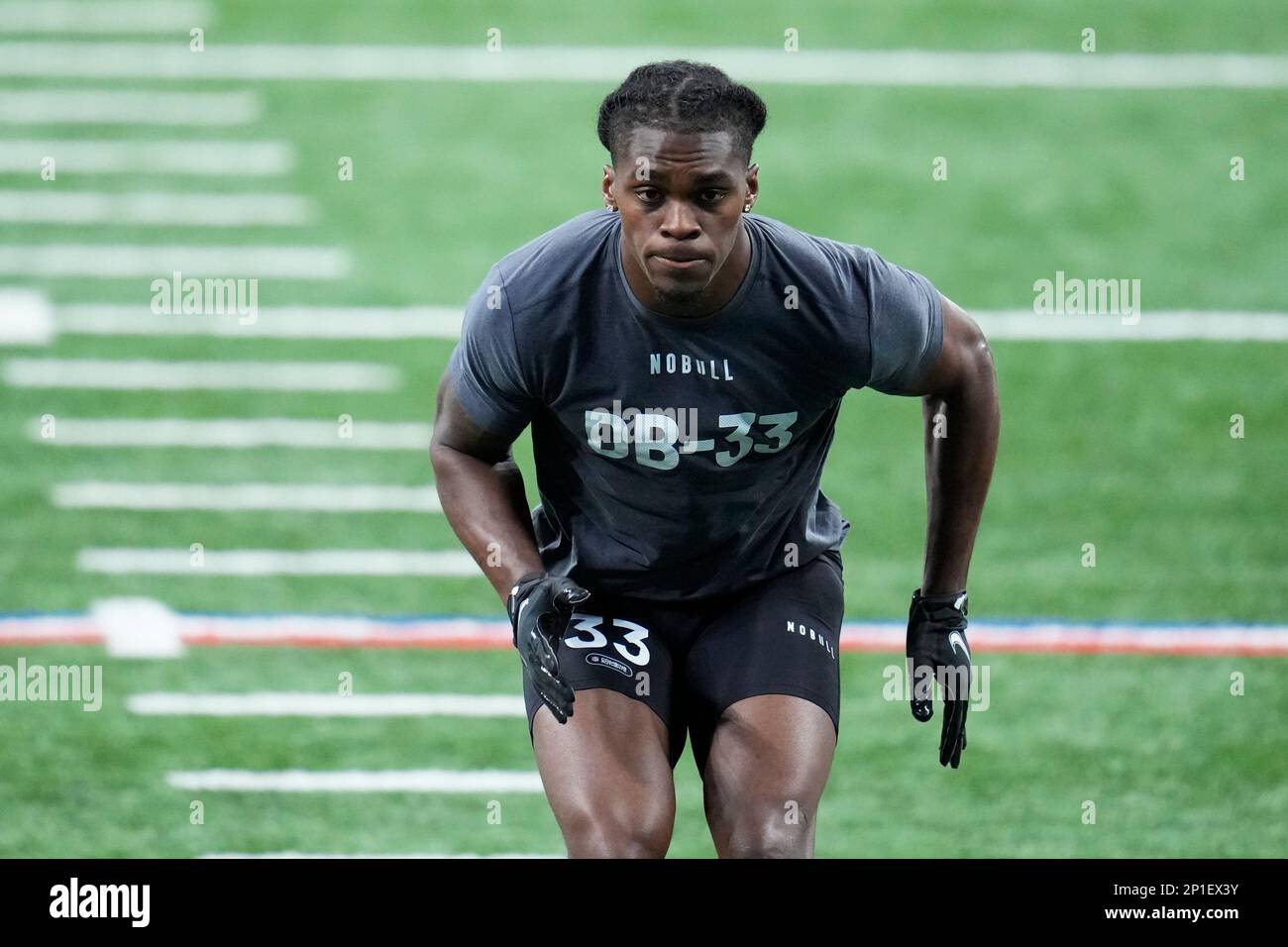 Purdue defensive back Cory Trice Jr. runs a drill at the NFL football ...