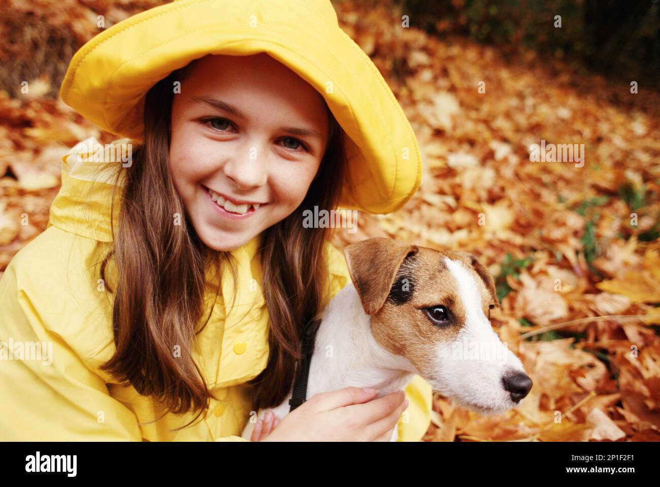 Young girl with Jack Russell Terrier walking in rainy weather on forest path Stock Photo - Alamy