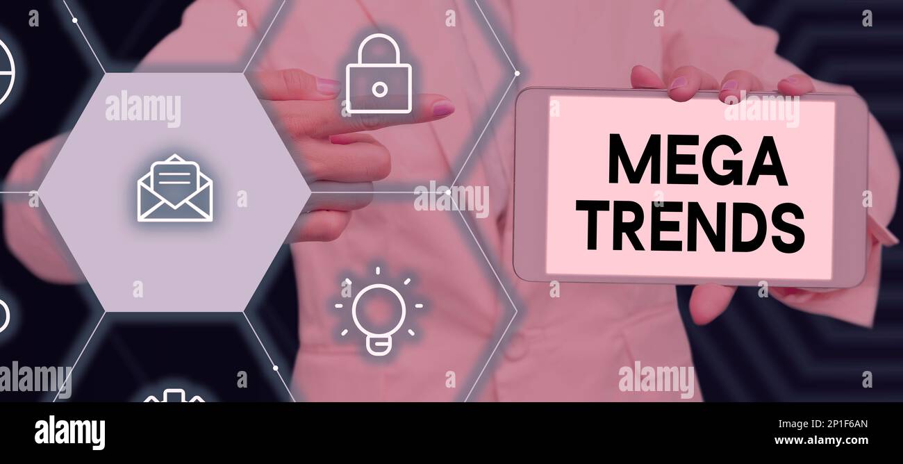 Hand writing sign Mega Trends. Word Written on powerful phenomena impacting the foundations of ...