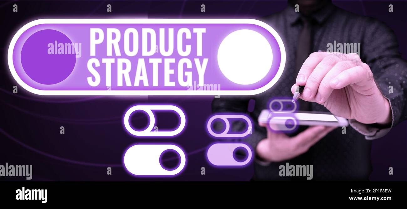 Text caption presenting Product Strategy. Business showcase long term ...