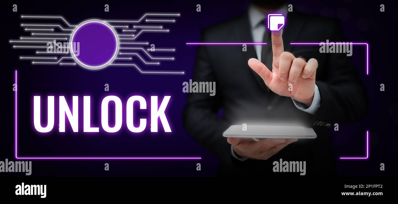 Hand writing sign Unlock. Word Written on use password or other ...