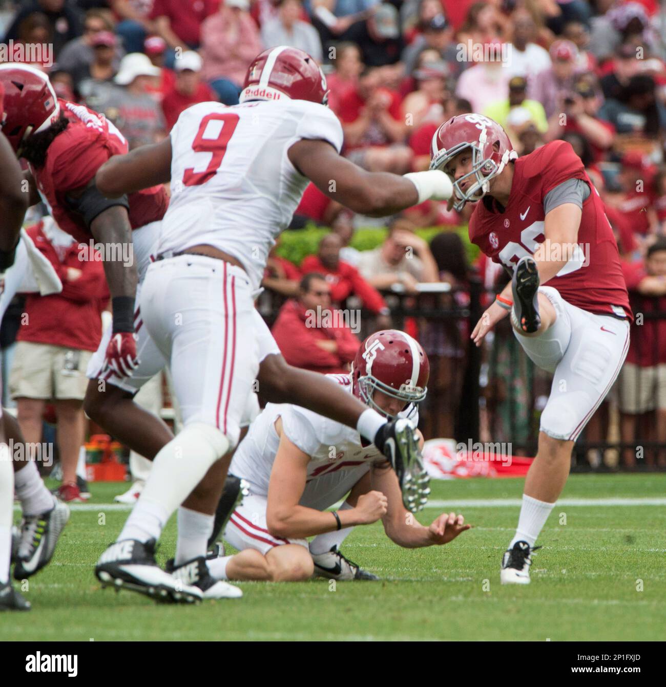 Alabama place-kicker Adam Griffith (99) misses a field goal during the ...