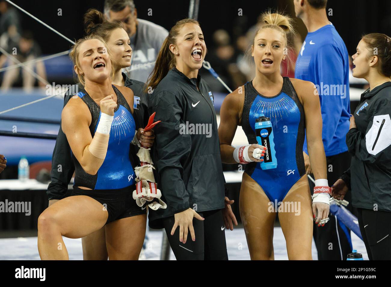 14 APR 2016: The Florida Gators gymnasts lip-sync to the music during ...