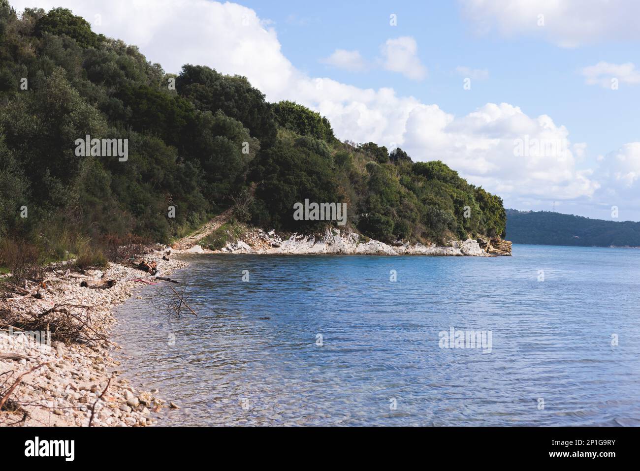 View of Erimitis coast landscape near Kassiopi and Agios Stefanos ...