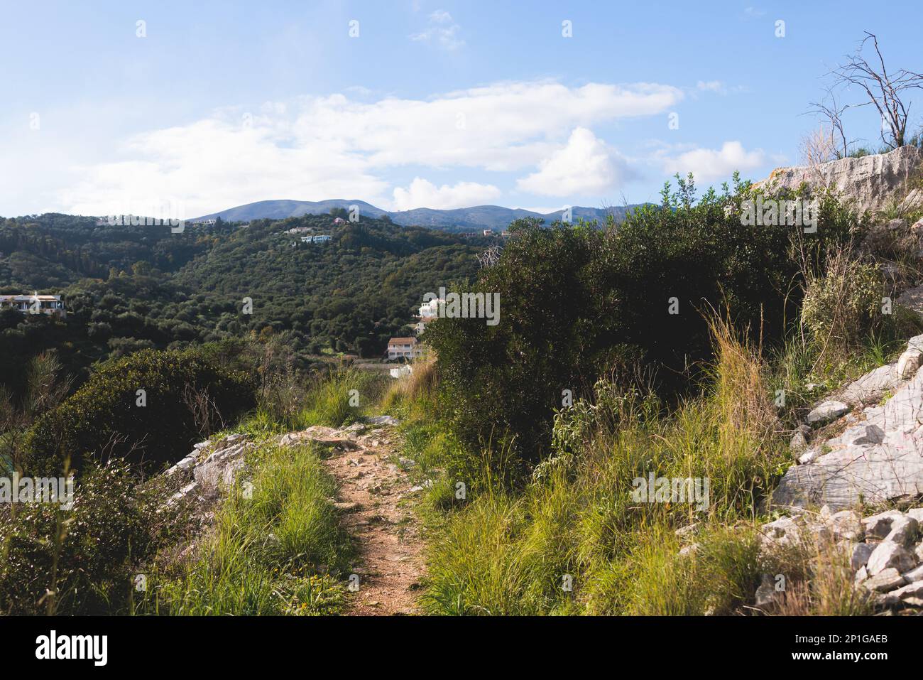 View of Erimitis coast landscape near Kassiopi and Agios Stefanos ...