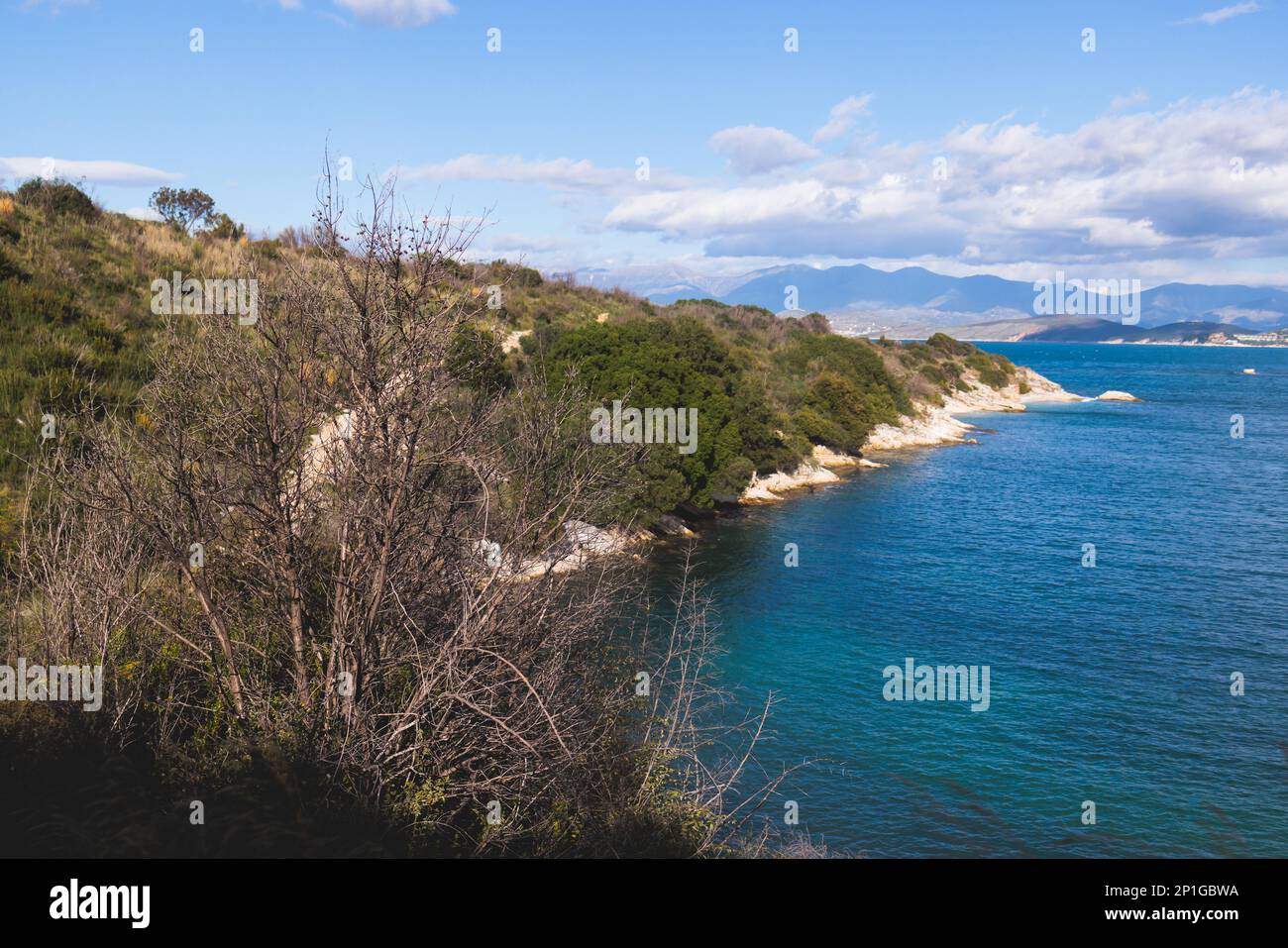 View of Erimitis coast landscape near Kassiopi and Agios Stefanos ...
