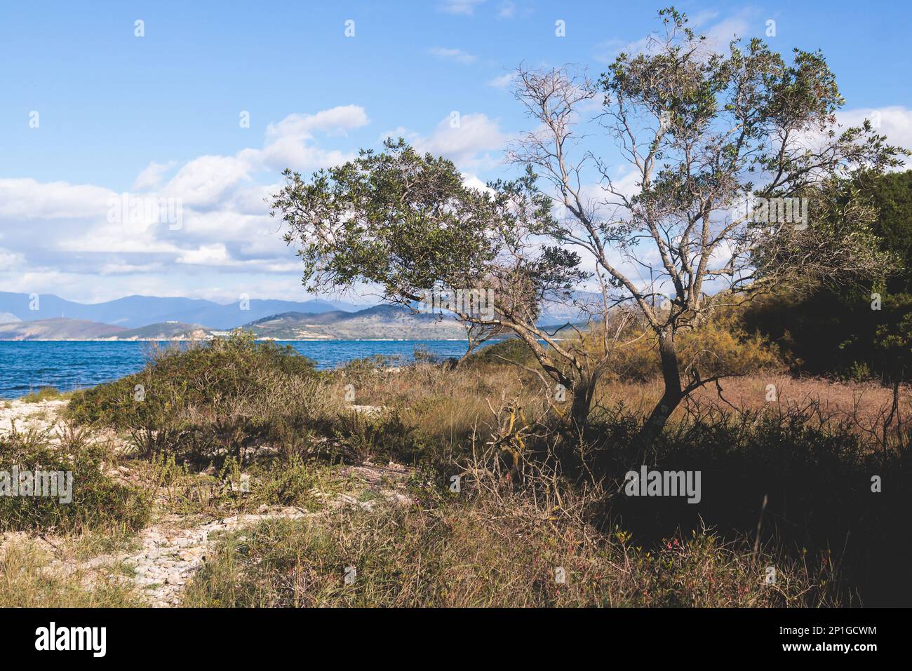 View of Erimitis coast landscape near Kassiopi and Agios Stefanos ...