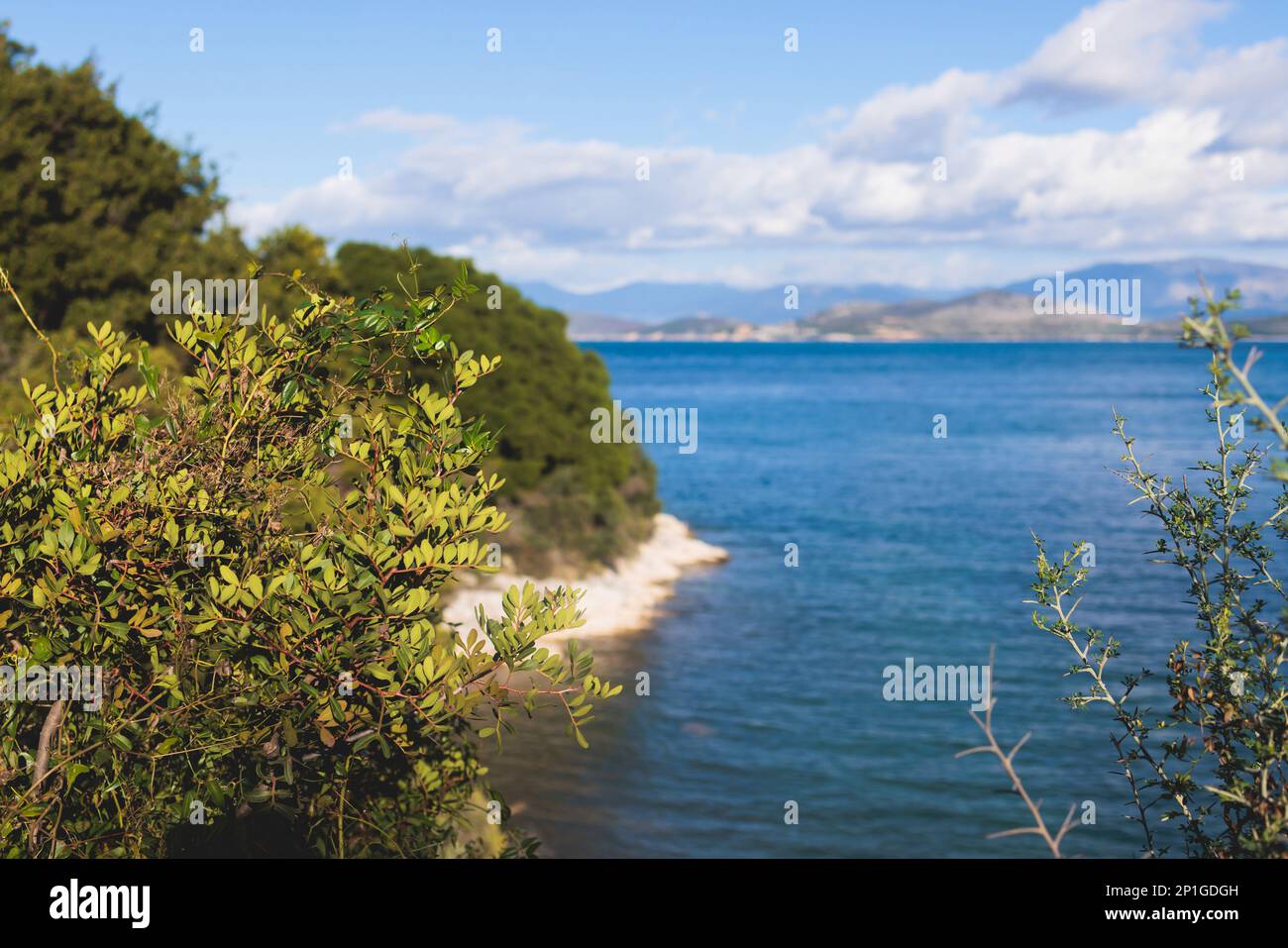 View of Erimitis coast landscape near Kassiopi and Agios Stefanos ...