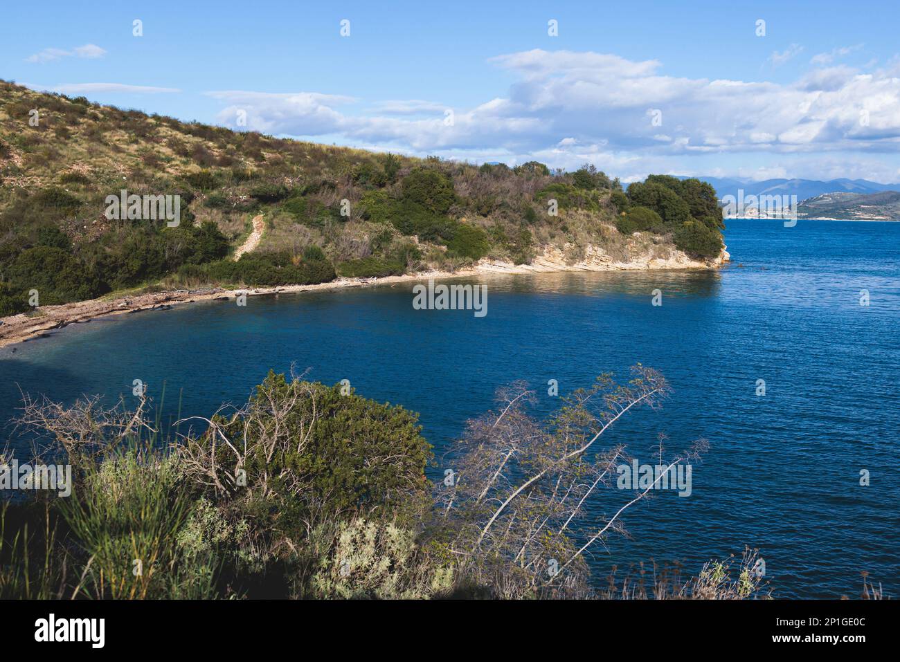 View of Erimitis coast landscape near Kassiopi and Agios Stefanos ...