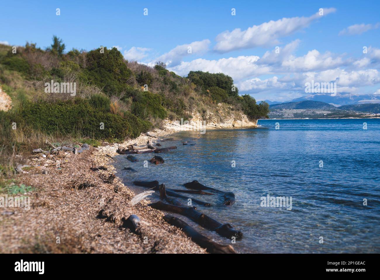 View of Erimitis coast landscape near Kassiopi and Agios Stefanos ...