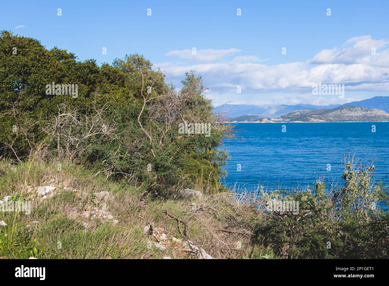 View of Erimitis coast landscape near Kassiopi and Agios Stefanos ...