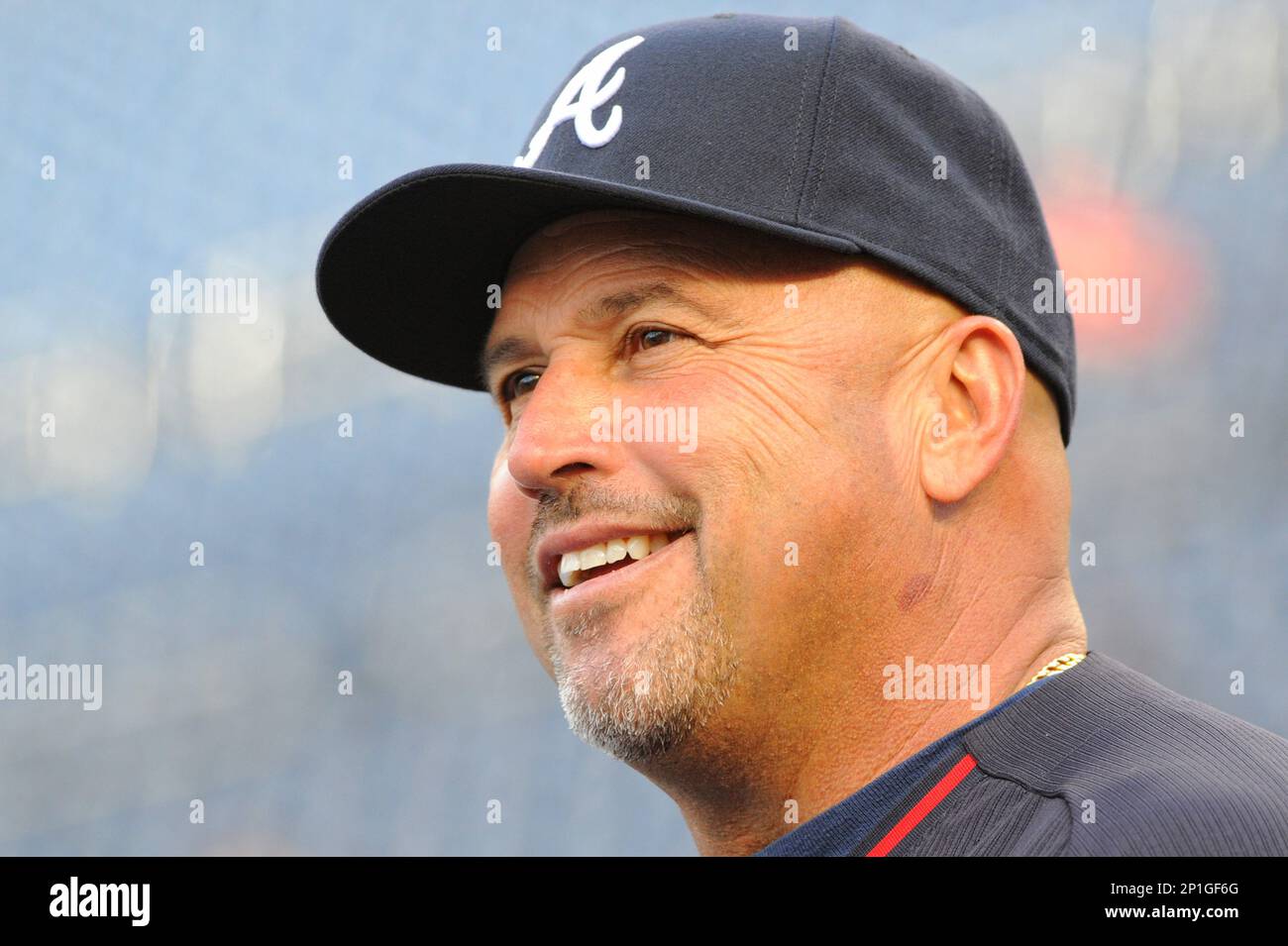 11 April 2016: Atlanta Braves manager Fredi Gonzalez (33) smiles at ...