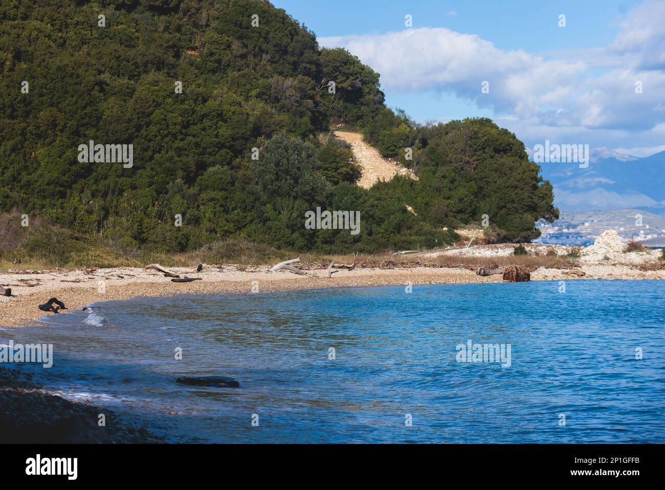View of Erimitis coast landscape near Kassiopi and Agios Stefanos ...