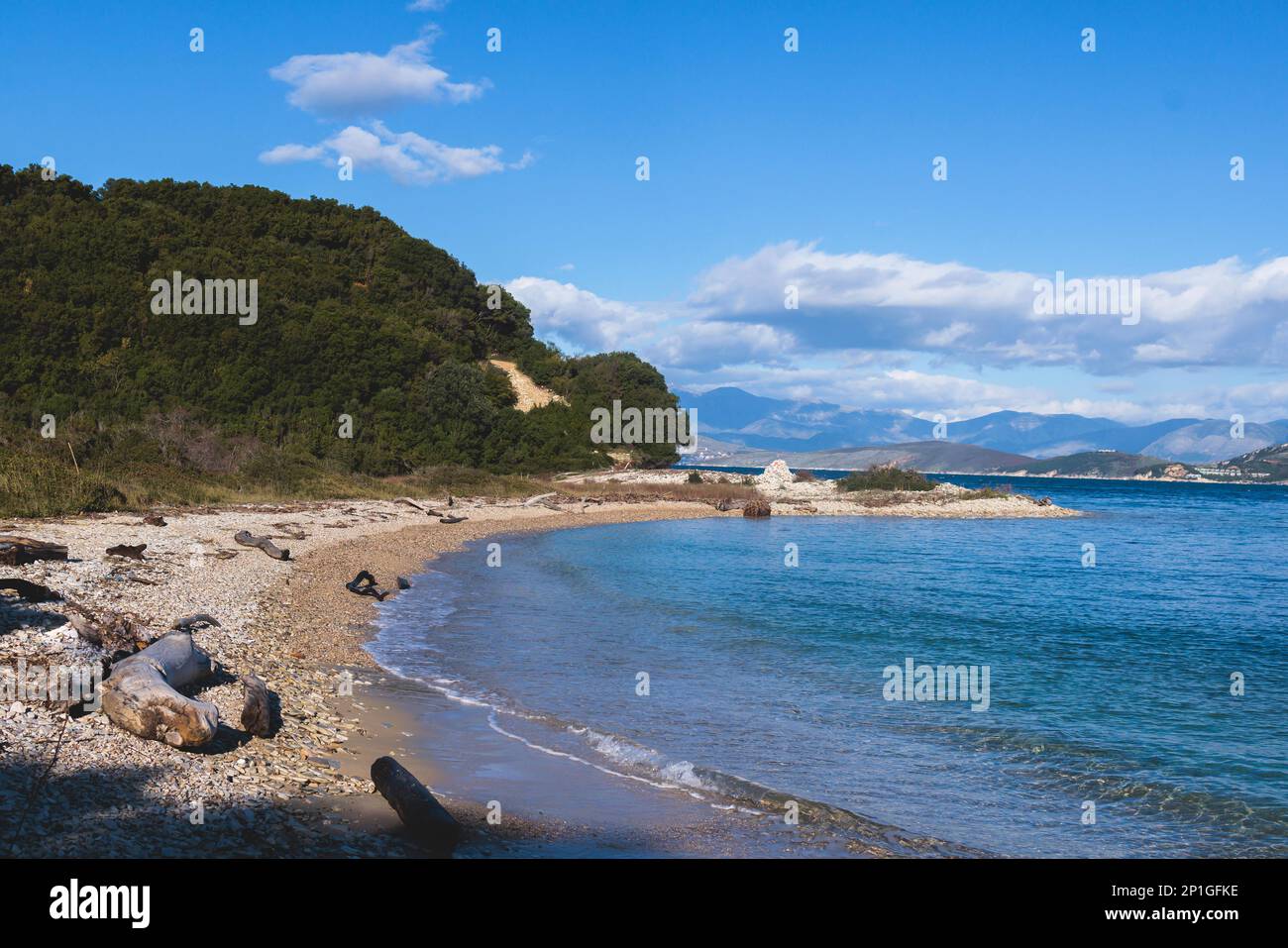 View of Erimitis coast landscape near Kassiopi and Agios Stefanos ...