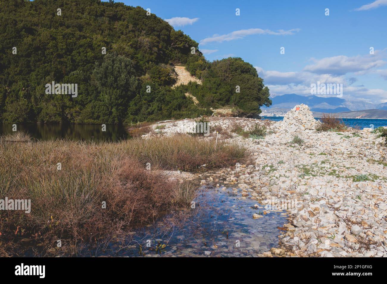 View of Erimitis coast landscape near Kassiopi and Agios Stefanos ...