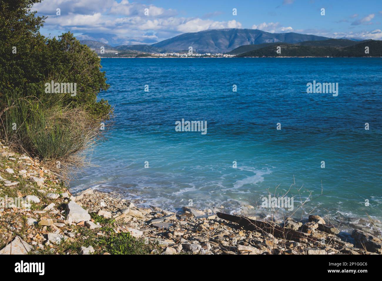 View of Erimitis coast landscape near Kassiopi and Agios Stefanos ...