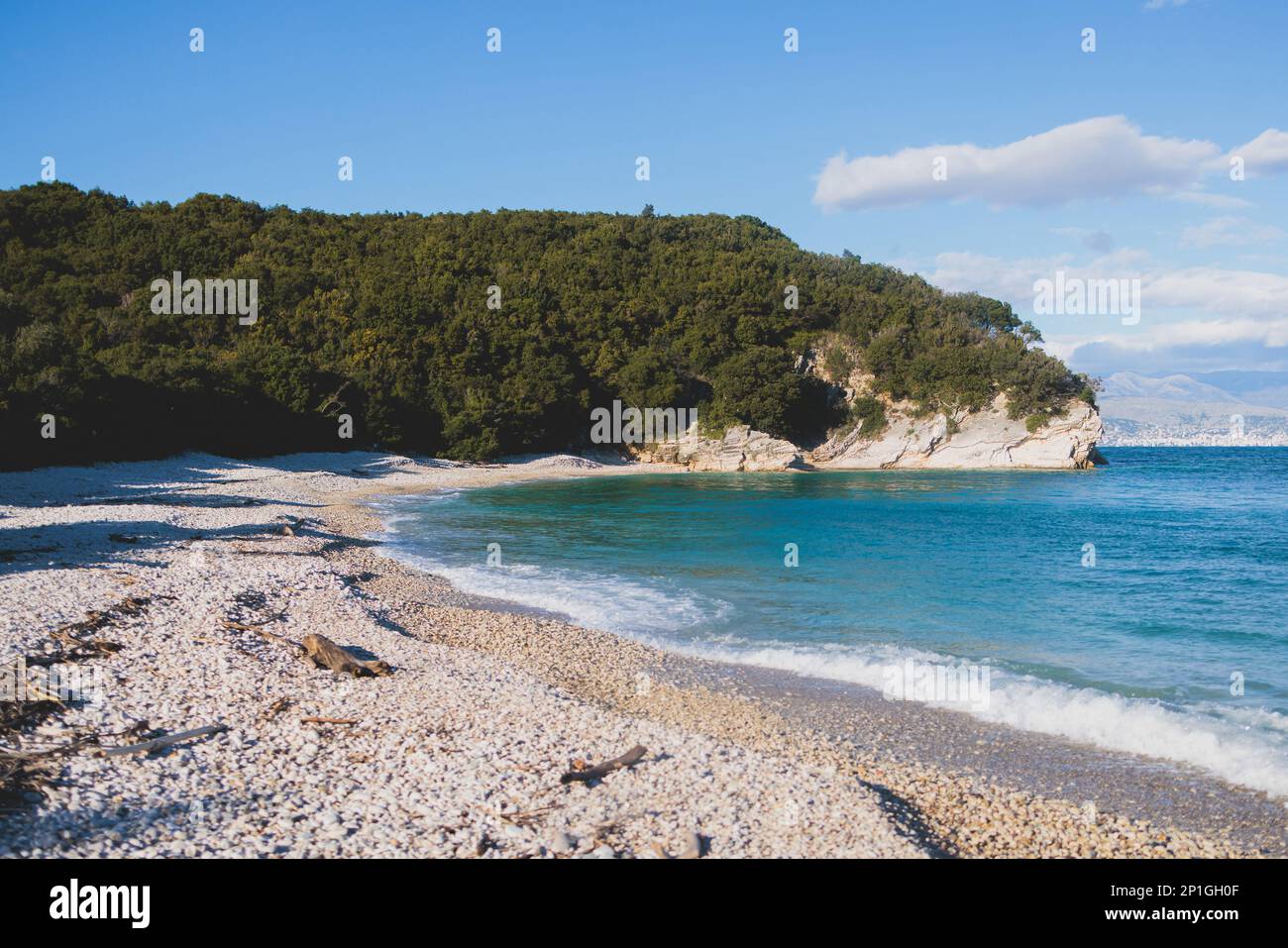 View of Erimitis coast landscape near Kassiopi and Agios Stefanos ...