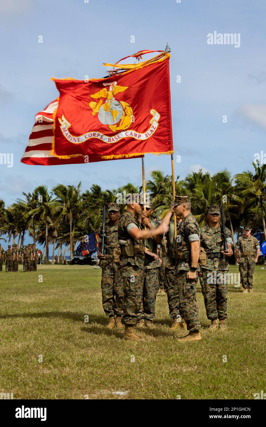 U.S. Marines unfurl the United States Marine Corps flag during the ...
