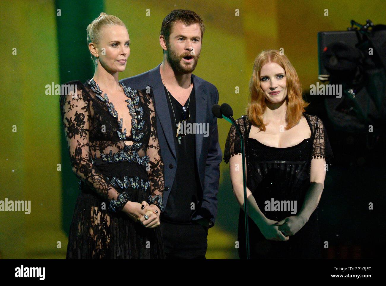 Charlize Theron, from left, Chris Hemsworth and Jessica Chastain ...