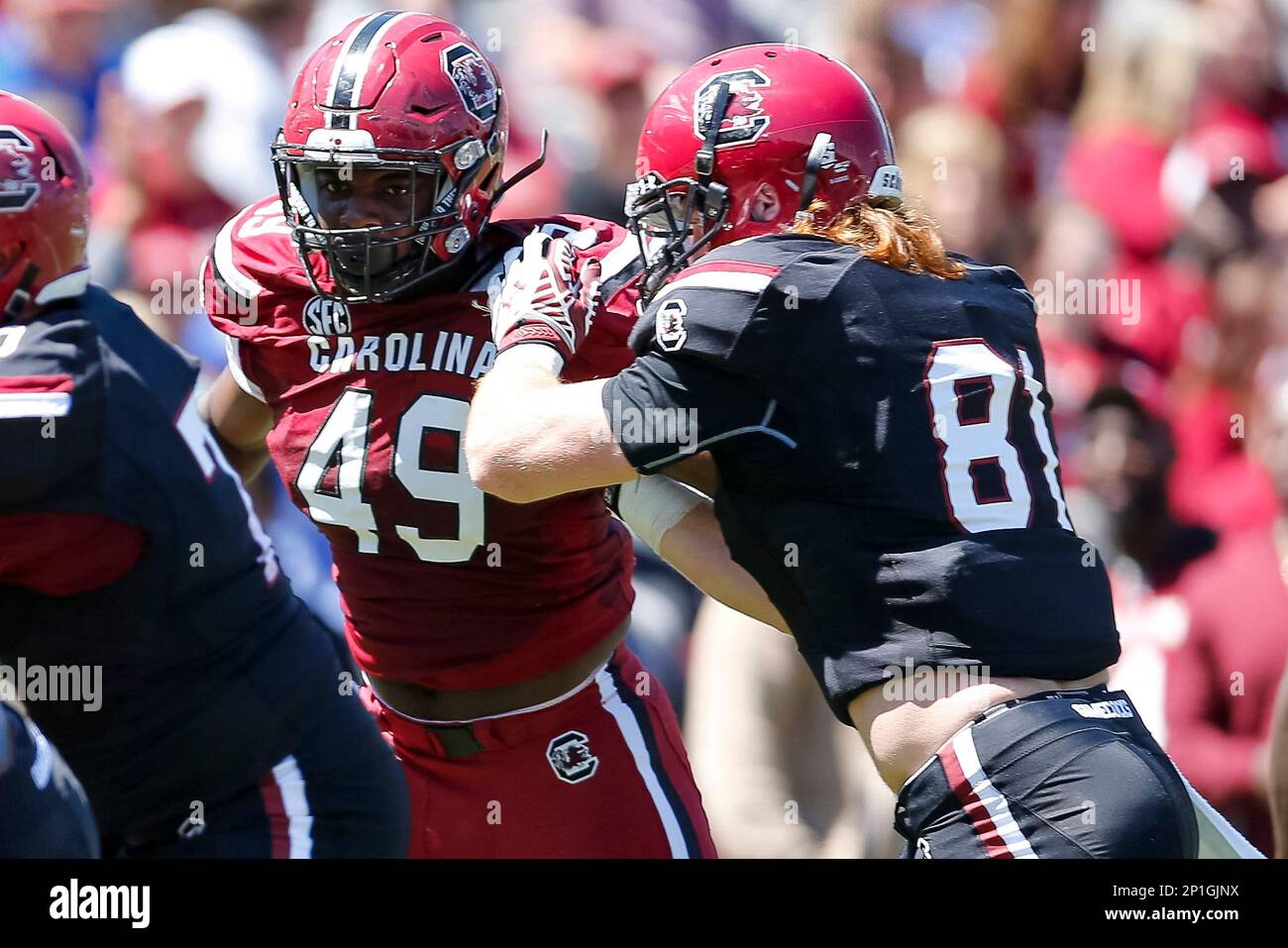 Apr 09, 2016: Team Garnet defensive end Boosie Whitlow (49) eyes his ...