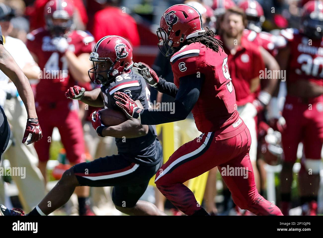 Apr 09, 2016: Team Garnet linebacker Sherrod Pittman (9) eyes his ...
