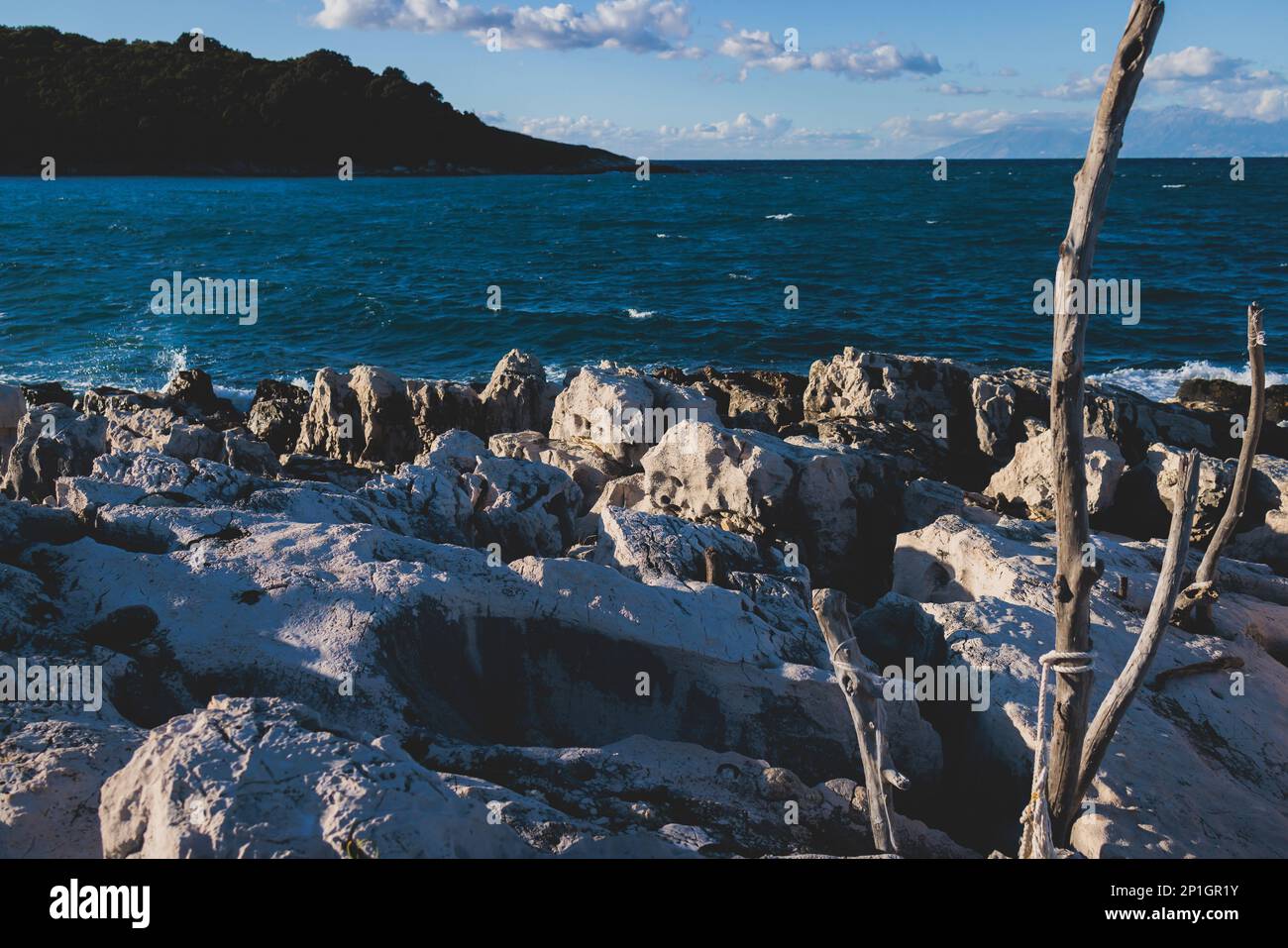 View of Erimitis coast landscape near Kassiopi and Agios Stefanos ...