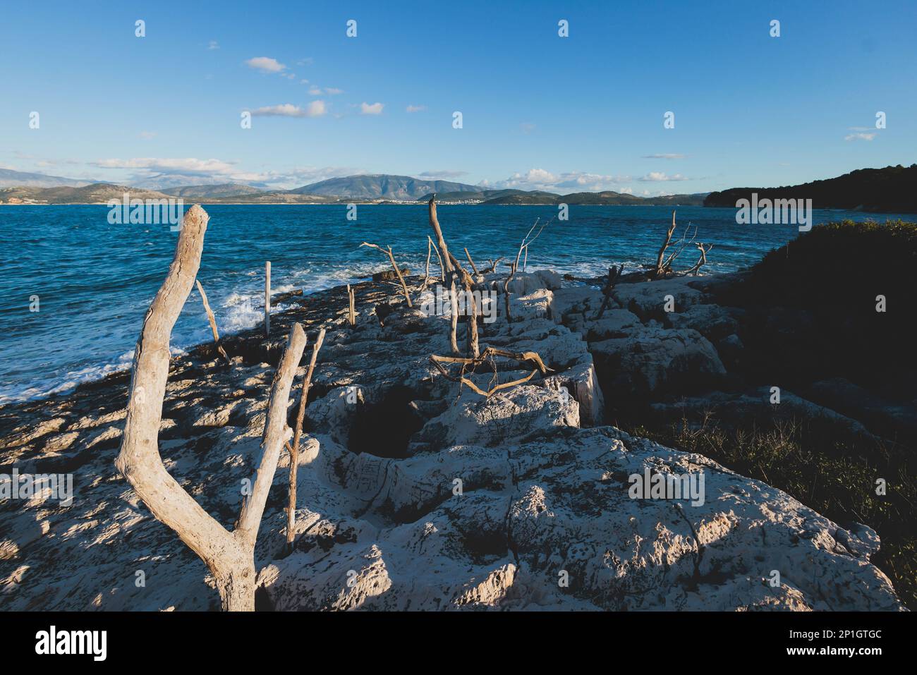 View of Erimitis coast landscape near Kassiopi and Agios Stefanos ...
