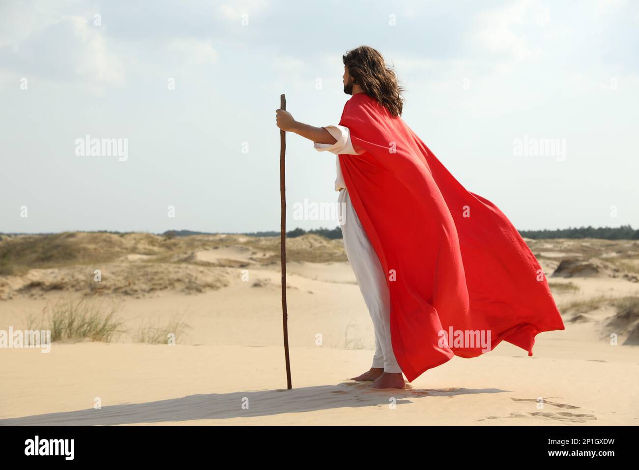 Jesus Christ walking with stick in desert. Space for text Stock Photo ...