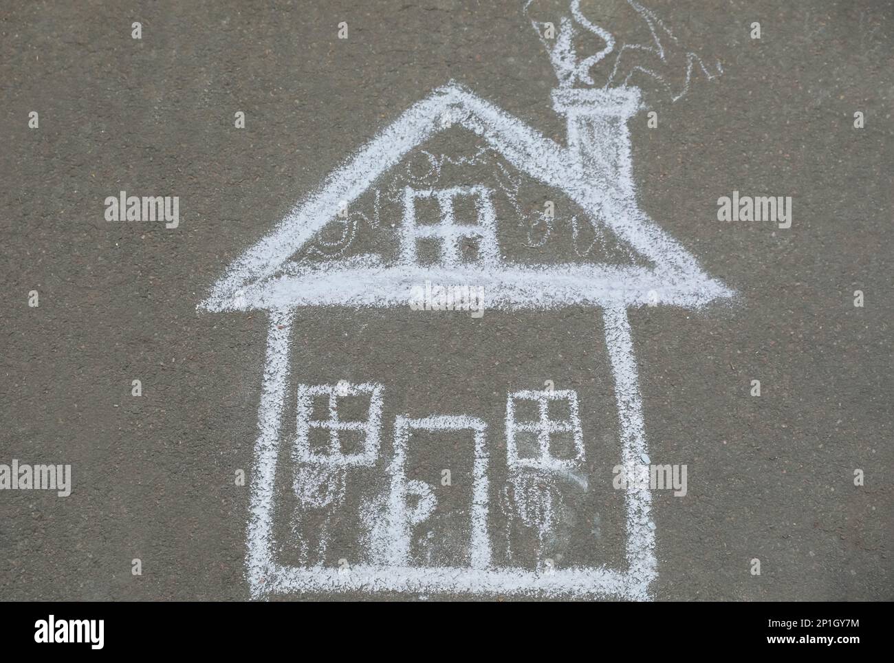 Child's chalk drawing of house on asphalt, top view Stock Photo - Alamy
