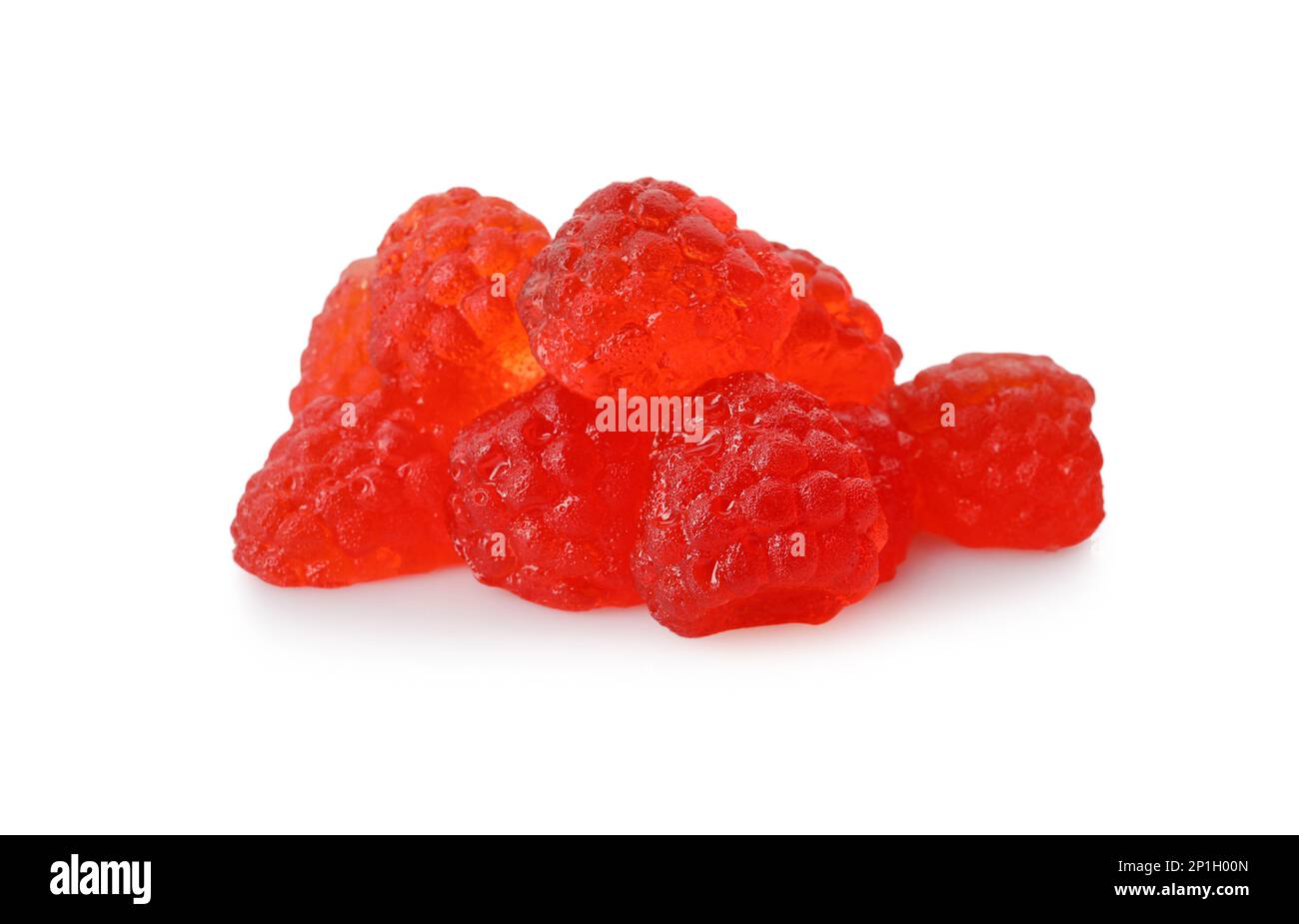 Pile of delicious gummy raspberry candies on white background Stock ...