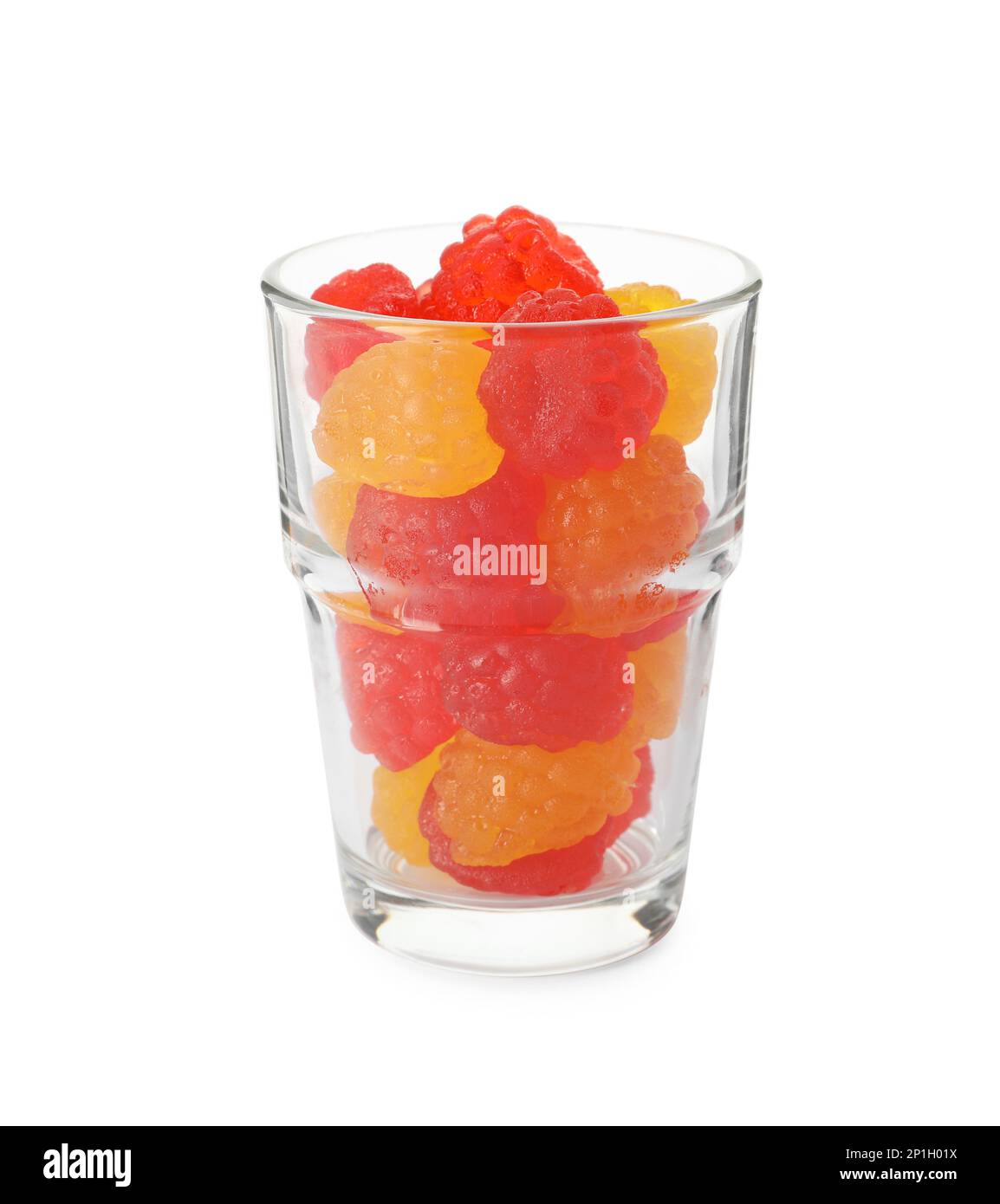 Delicious gummy raspberry candies in glass on white background Stock ...