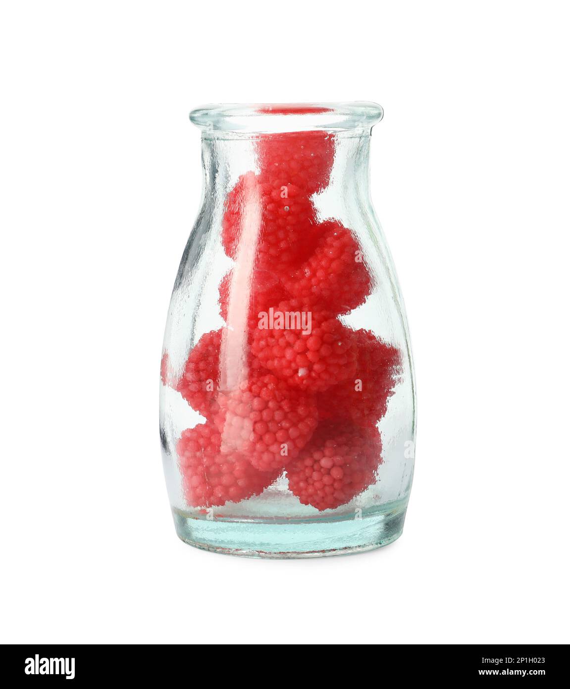 Delicious gummy raspberry candies in glass bottle on white background ...