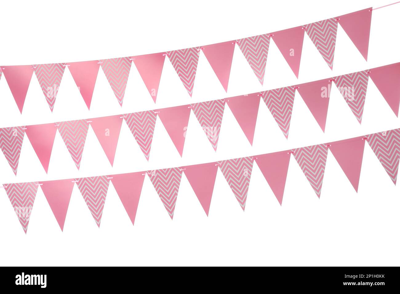 Buntings with triangular paper flags on white background. Festive decor ...