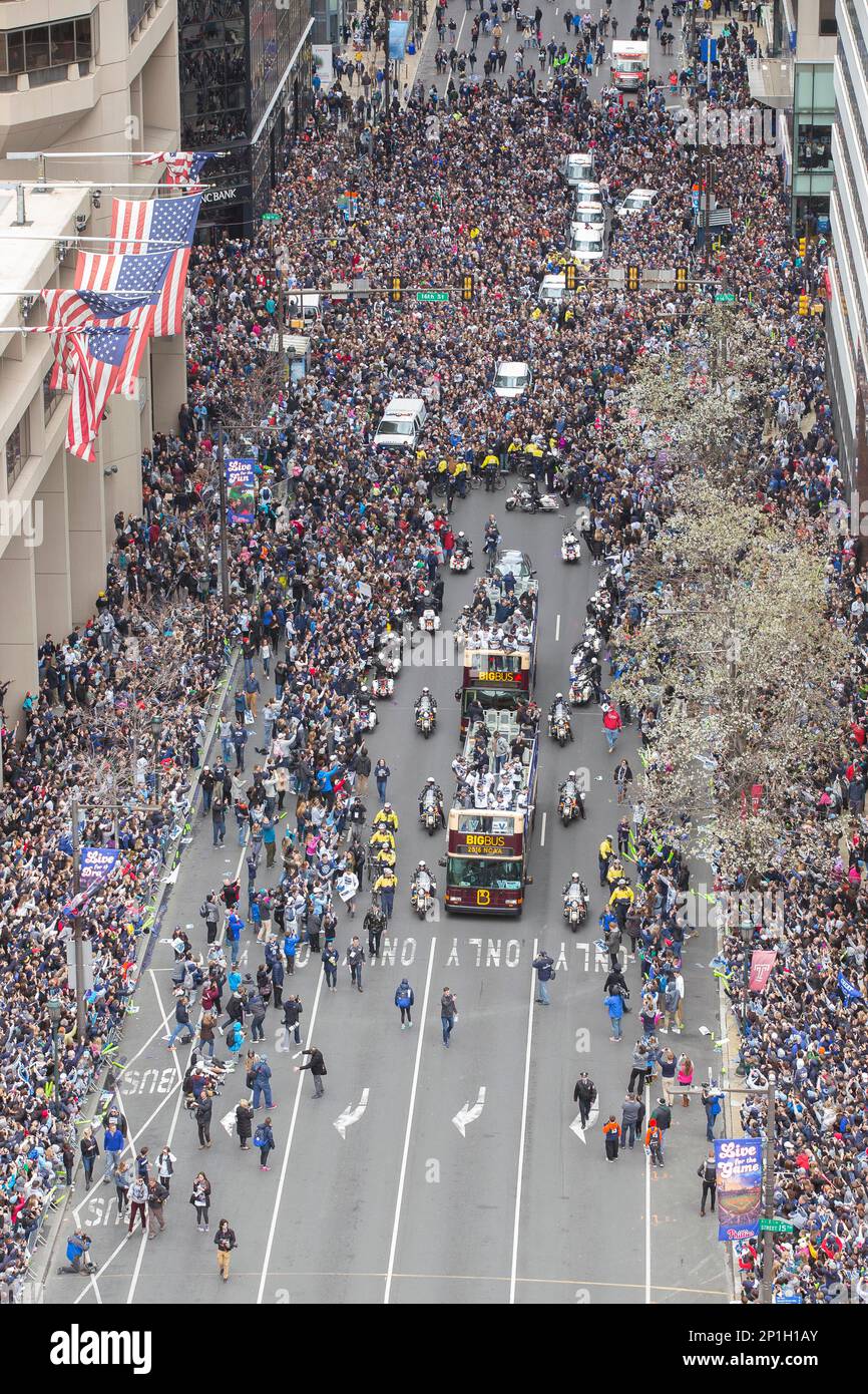 The Villanova basketball team rides on buses during a parade ...