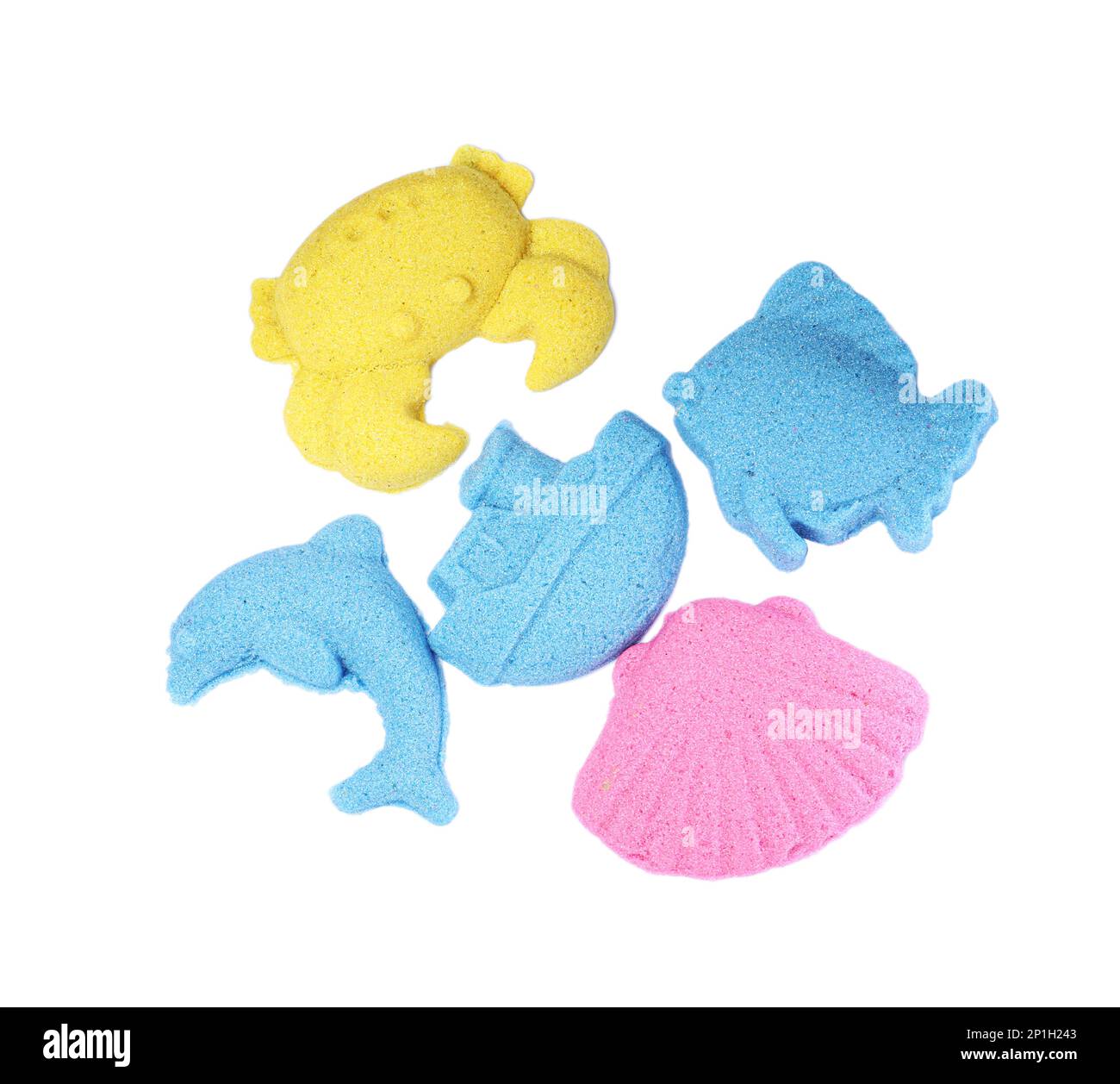 Marine inhabitants and ship made of kinetic sand on white background ...