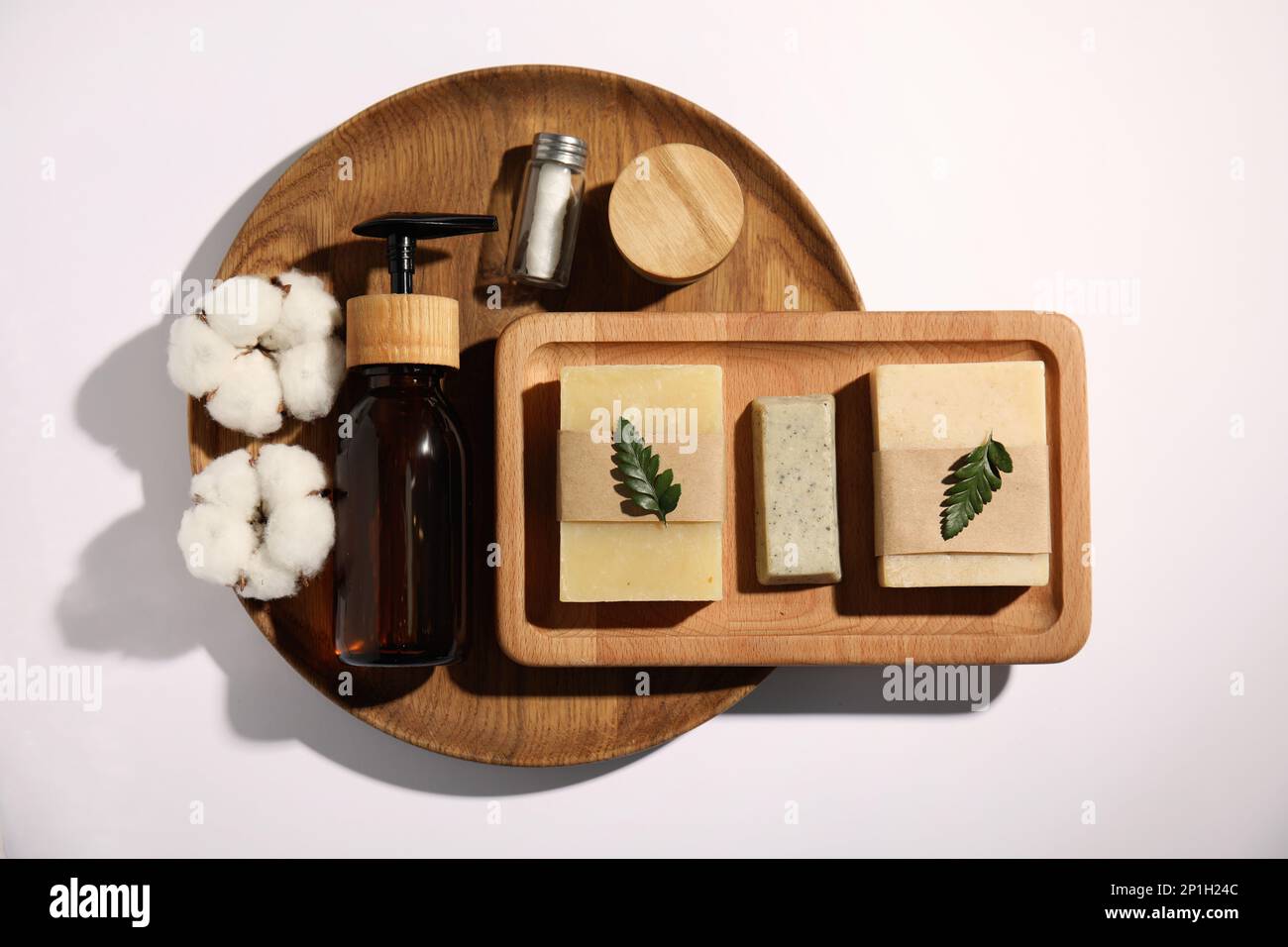 Eco friendly personal care products on white background, top view Stock ...