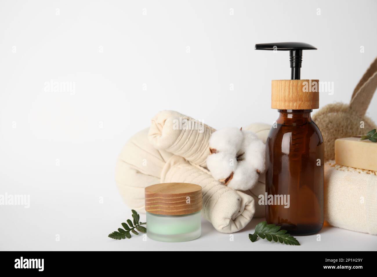 Eco friendly personal care products on white background, space for text ...