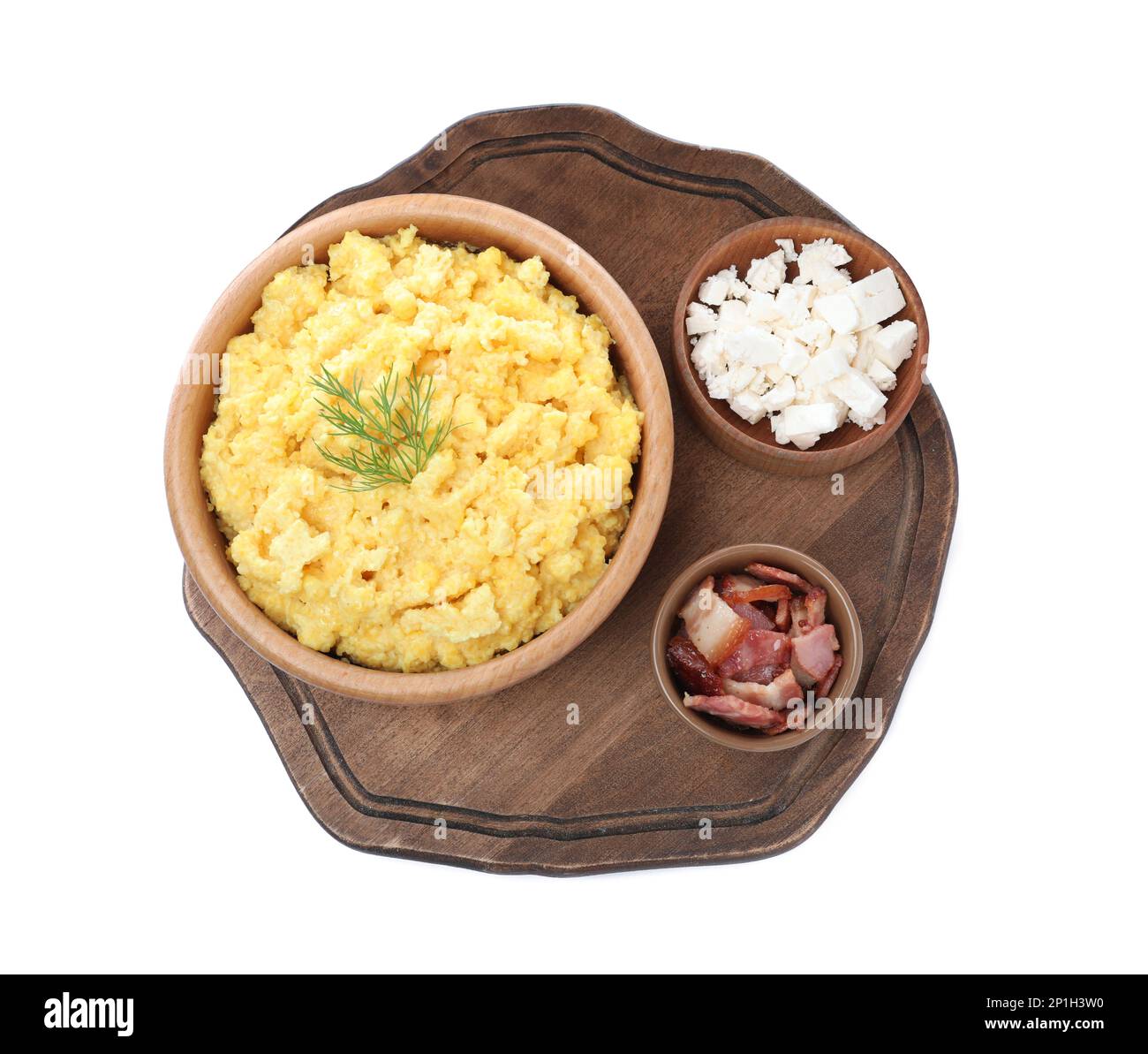 Tasty banosh with brynza and pork cracklings on white background, top ...
