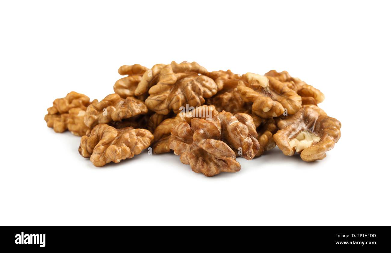 Pile of peeled walnuts on white background Stock Photo - Alamy