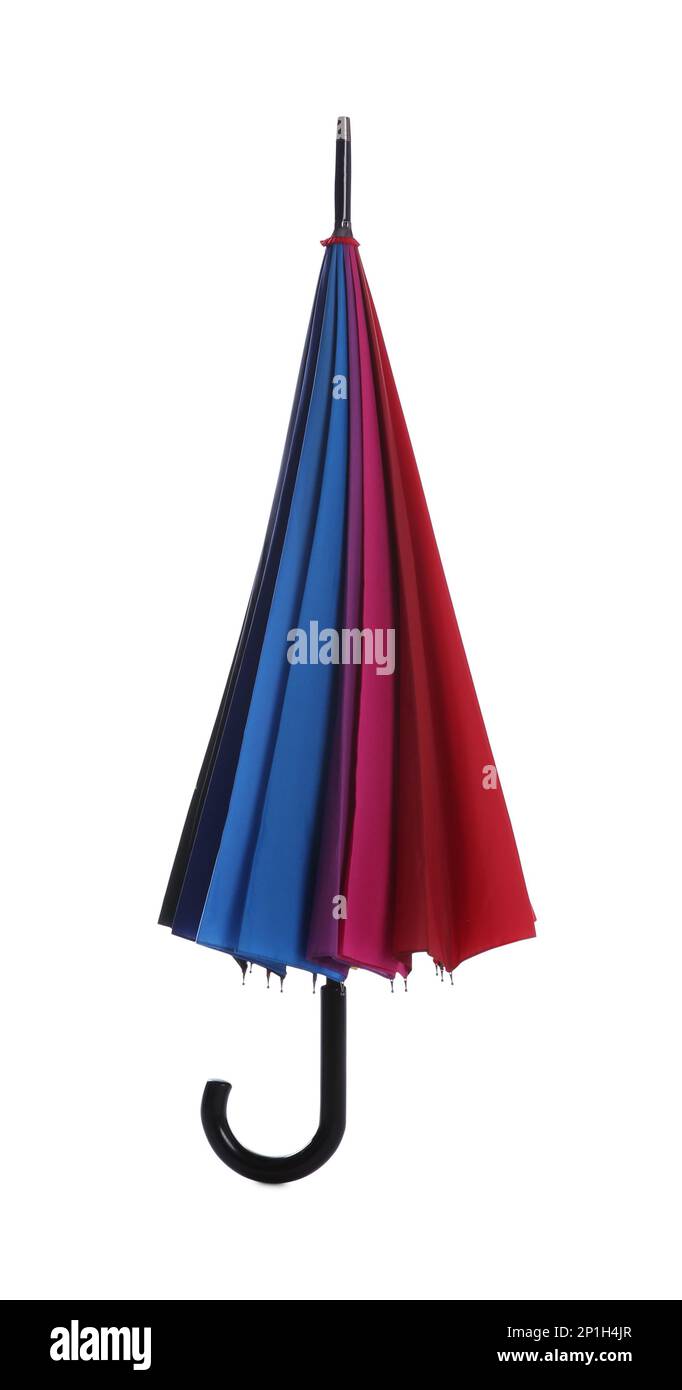 One closed colorful umbrella isolated on white Stock Photo - Alamy