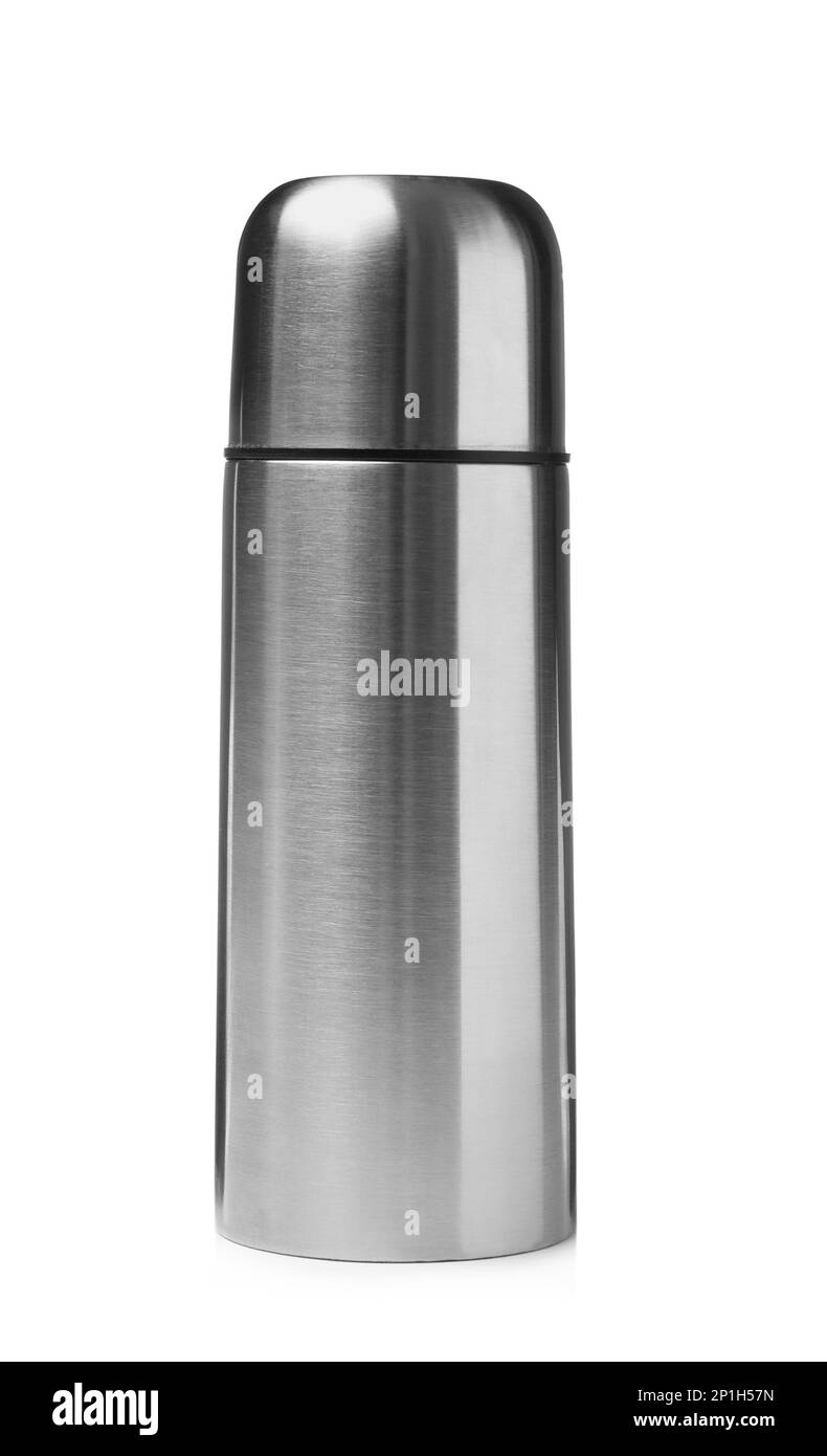 Modern silver thermos isolated on white. Tourist equipment Stock Photo ...