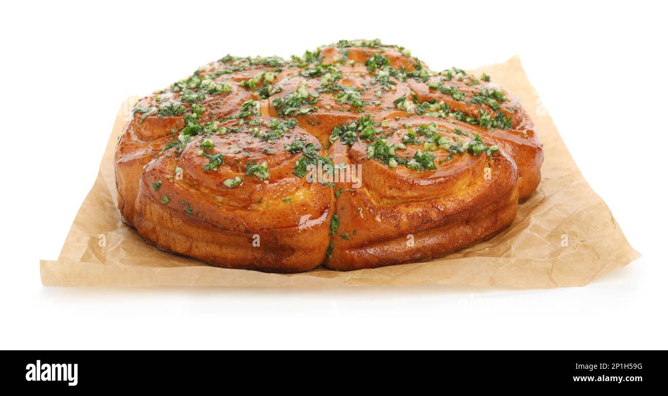 Traditional Ukrainian garlic bread with herbs (Pampushky) isolated on ...