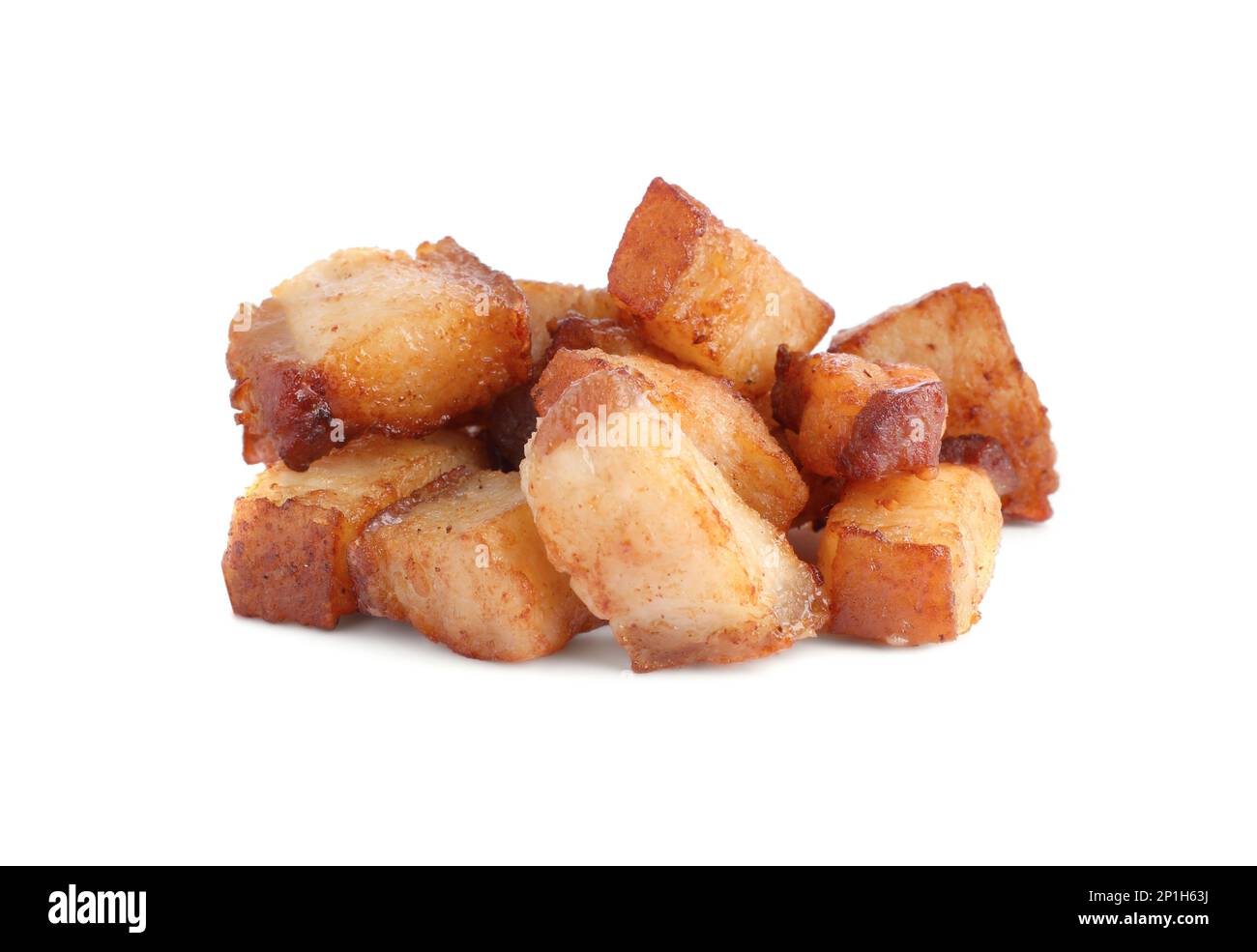 Tasty fried cracklings on white background. Cooked pork lard Stock ...