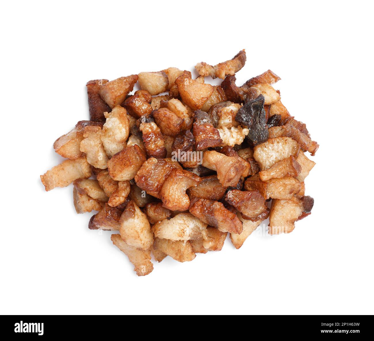 Tasty fried cracklings on white background, top view. Cooked pork lard ...